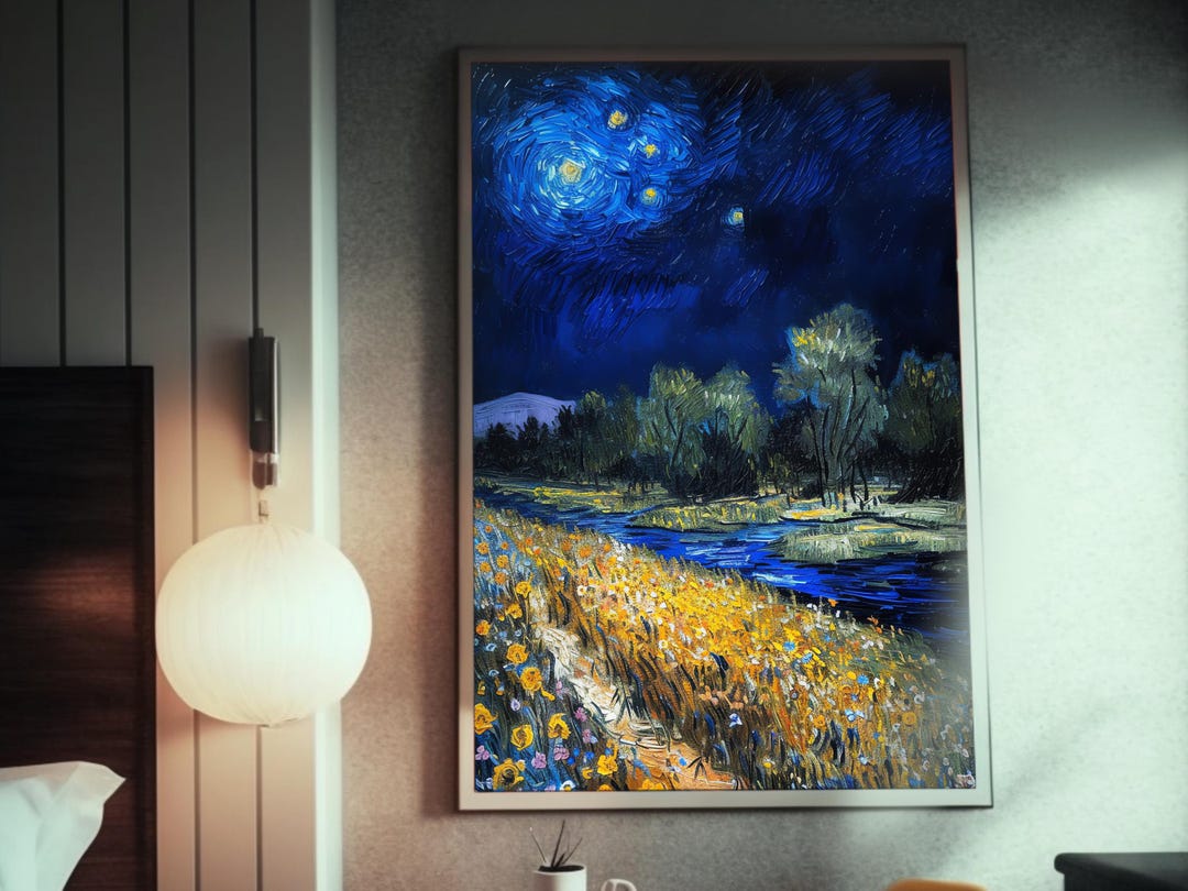 Starry Night Field Poster Impressionist Style Art Print Starlit Sky ...