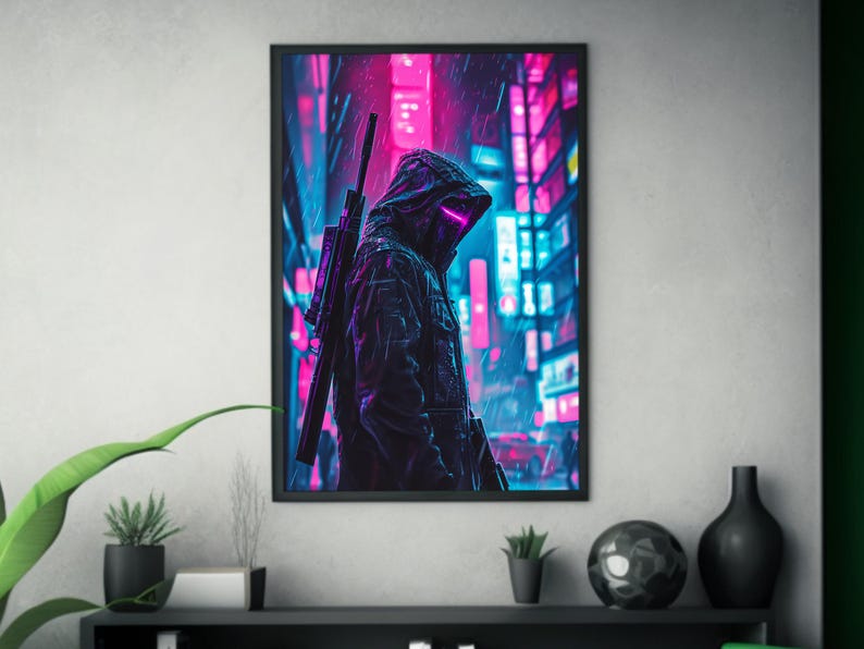 Cyberpunk Assassin Poster | Rainy Gunman Art Print | Cyber Noir Wall ...