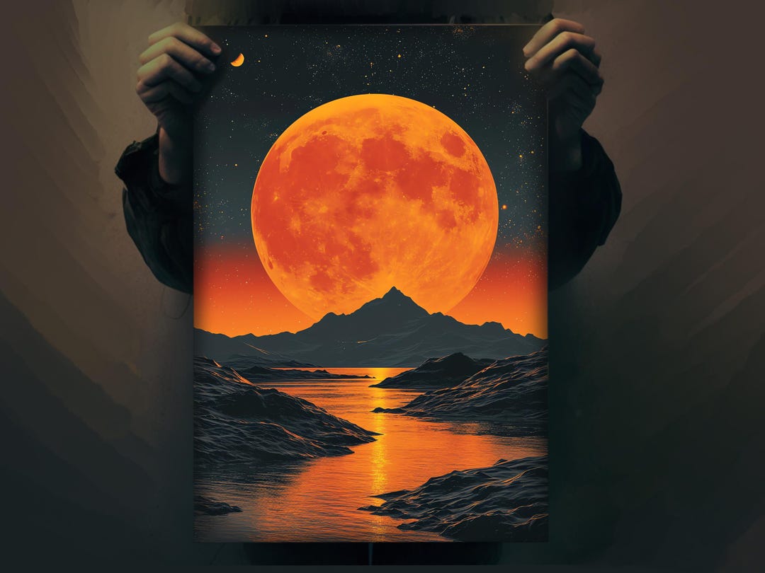 Space Art Poster | Epic Red Moon Rising | Over Water Scene | Blood Moon ...