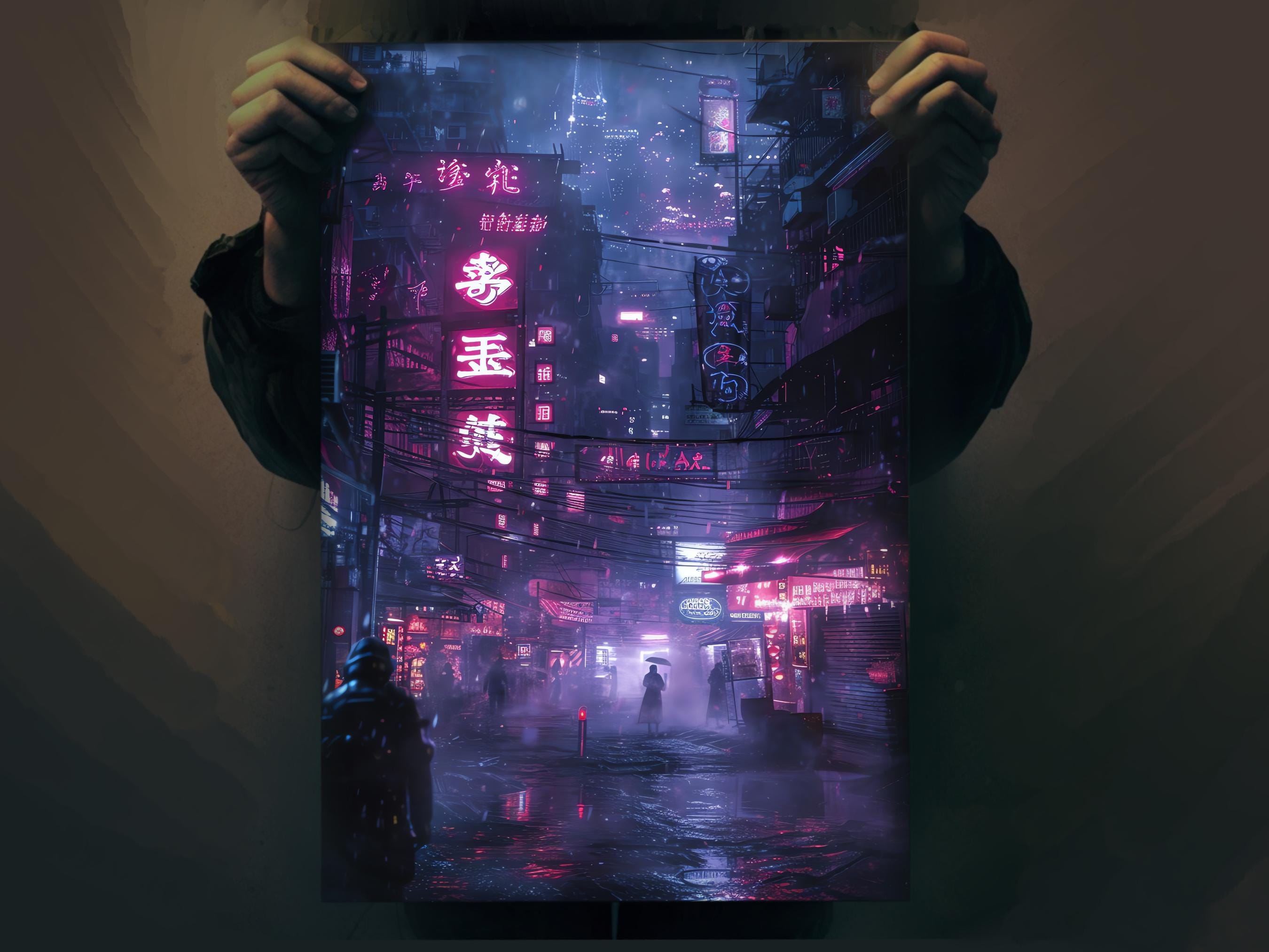 Neon Cyberpunk Cityscape Poster Retrofuturism Art Print Rainy Night ...