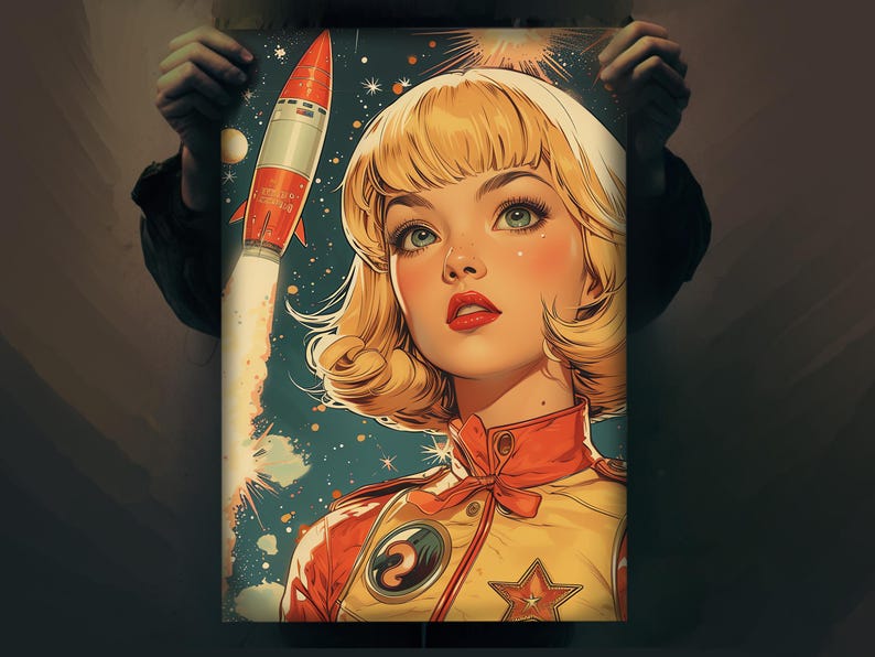 Vintage Space Suit Woman Poster Retrofuturism Rocket Art Sci-fi Wall ...