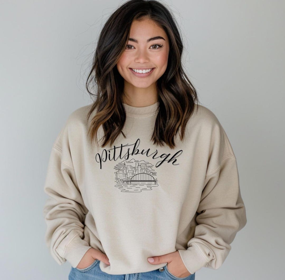 Pittsburgh City Sweatshirt, Unisex Crewneck, Bridge Skyline, Cursive ...