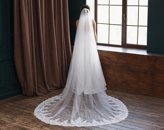 Wedding Veil Floral Lace, Wedding Veil Floor Length Ivory, Bridal Veil ...