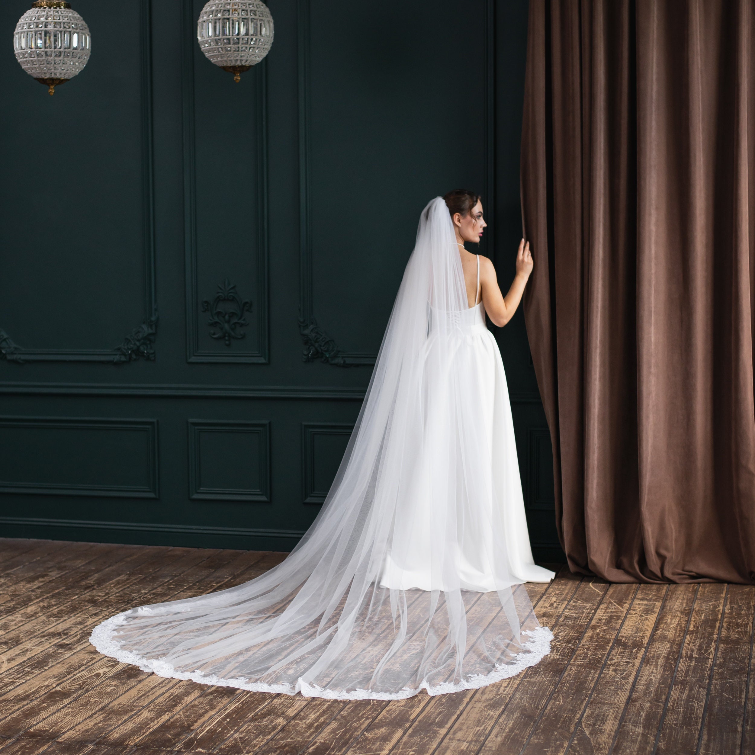 Cathedral Veil With Lace Edge, Wedding Veil Lace Trim, Veil Flower Lace ...