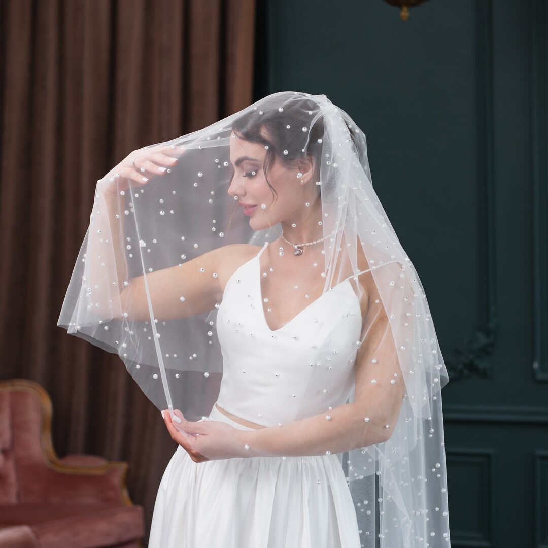 Two Tier Veil Pearl, Beaded Veil With Blusher, 2 Tier Bridal Veil ...