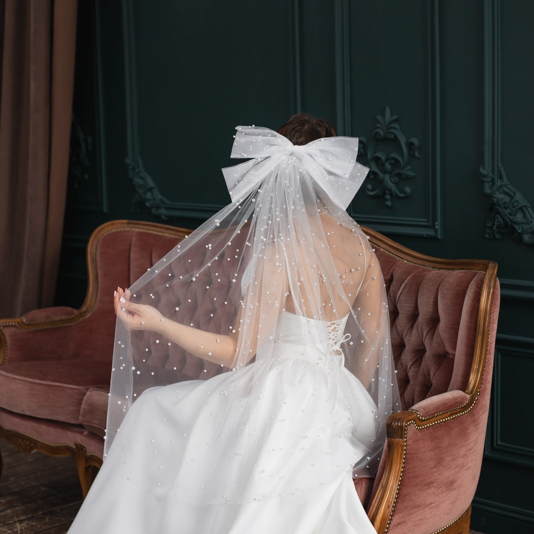 Bridal Bow Veil Pearl, Bow Wedding Veil With Beaded Pearl, Bachelorette ...