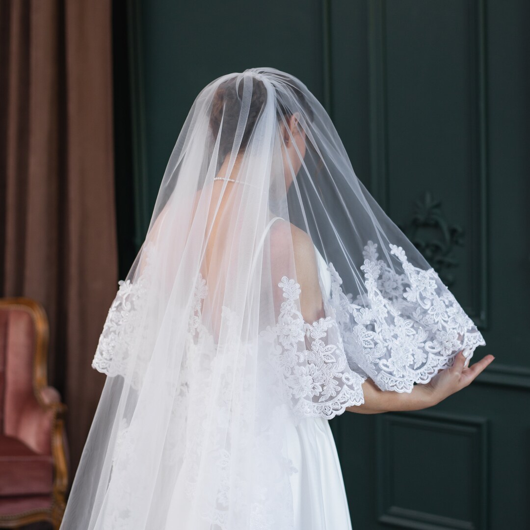Wedding Veil With Lace Trim, Bridal Lace Veil, Double Layer Veil, Lace ...