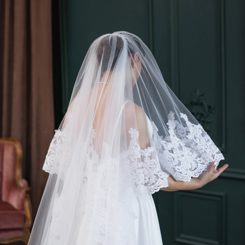 Cathedral Wedding Veil With Blusher, Bridal Veil With Lace Trim, 2 Tier ...