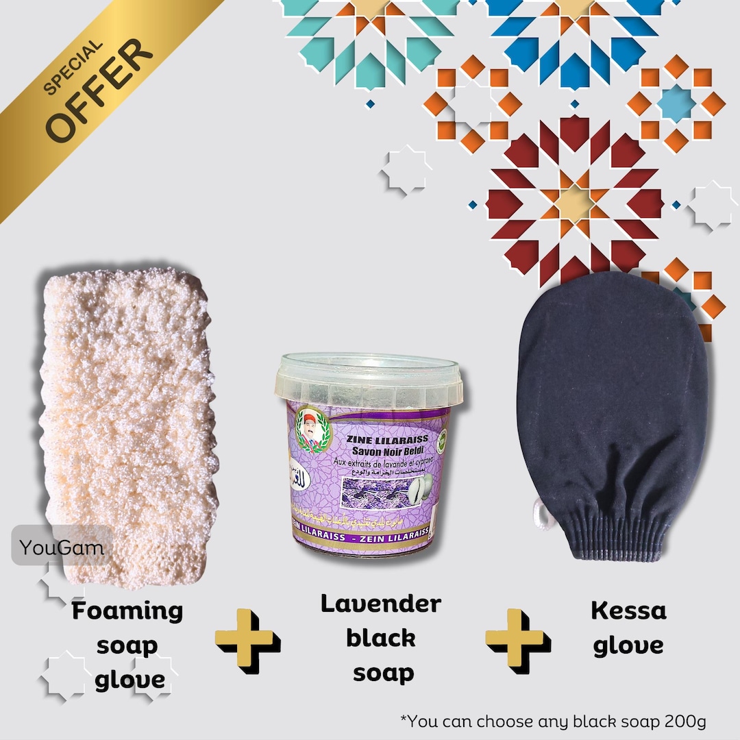 Moroccan Bath Kit : Black Soap+ Kessa Glove + Handmade Crochet Soap ...