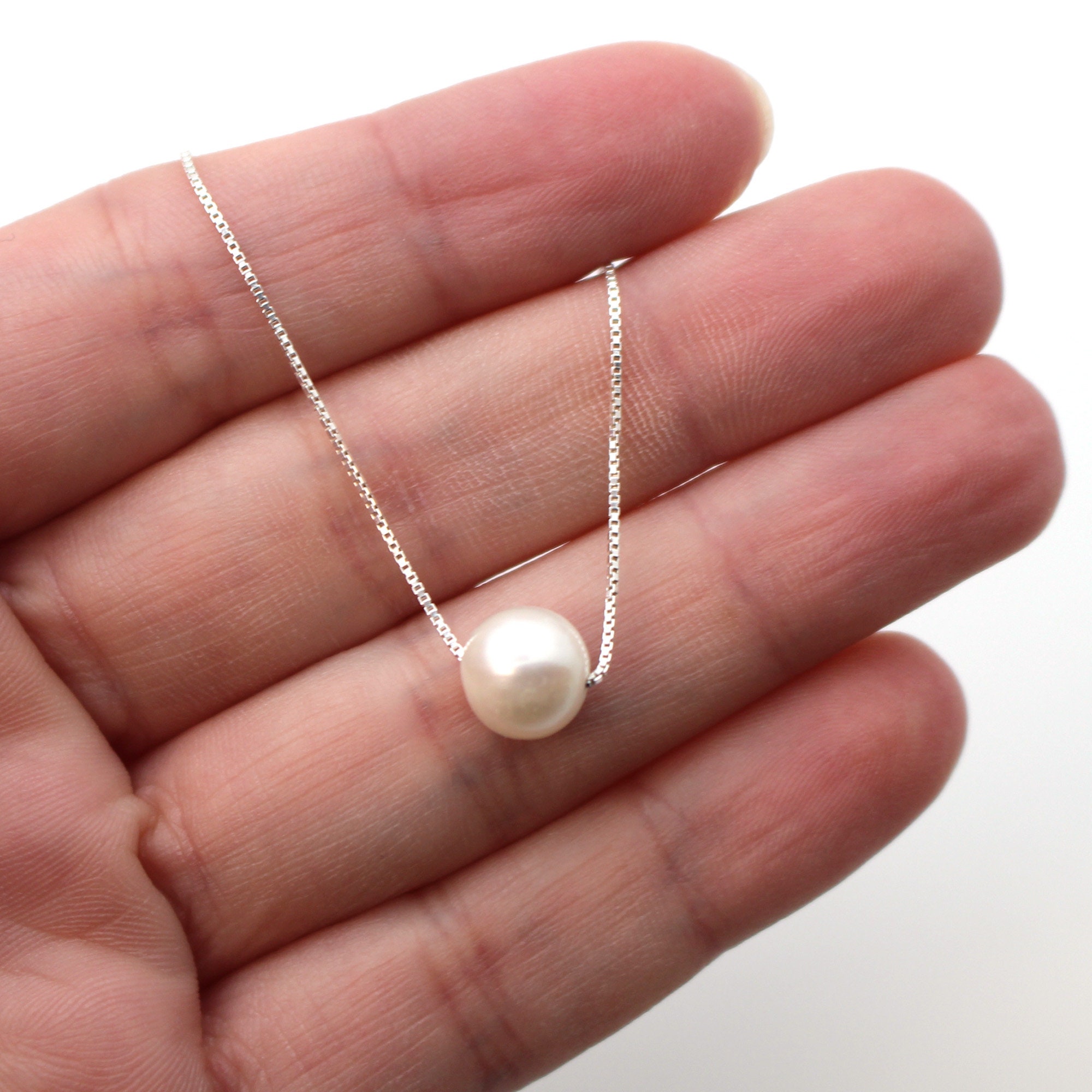 Floating Pearl Necklace Sterling Silver Floating White Etsy