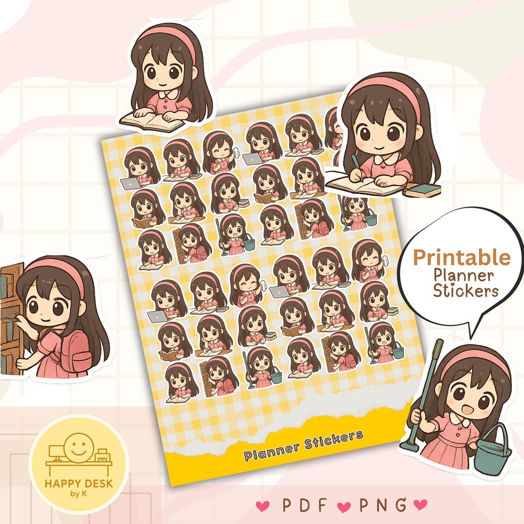Cute Chibi Anime School Girl Planner Stickers – Printable Sticker Sheet ...