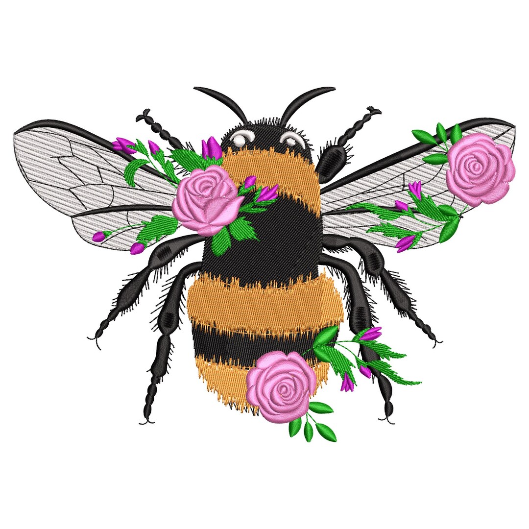 Floral Bee Embroidery Design , Bumble Bee Machine Embroidery, Golden ...