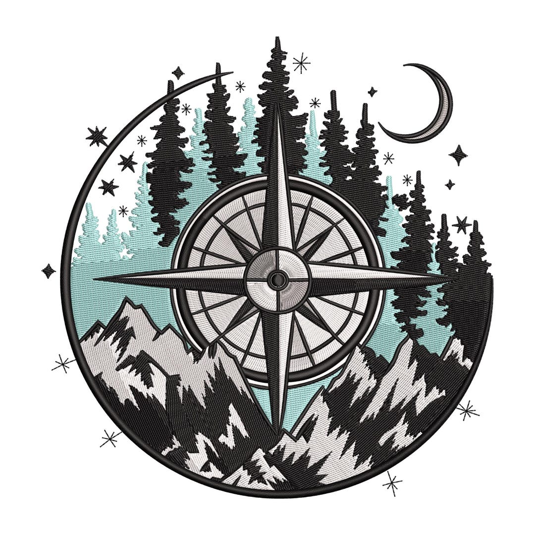 Compass Adventure Embroidery Design – Pine Trees & Backpack Design ...