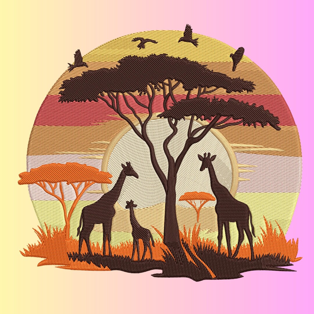 Safari Sunset Embroidery Design – Giraffes & Acacia Trees Machine ...