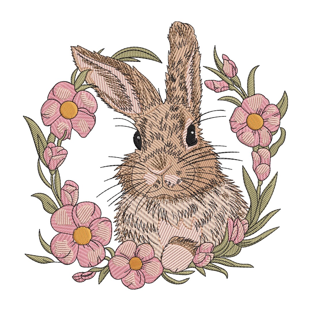 Bunny With Floral Wreath Embroidery Design , Easter Flower Bunny ...