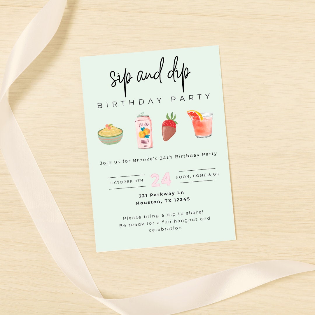Sip and Dip Birthday Digital Invitation Template, Birthday Party ...