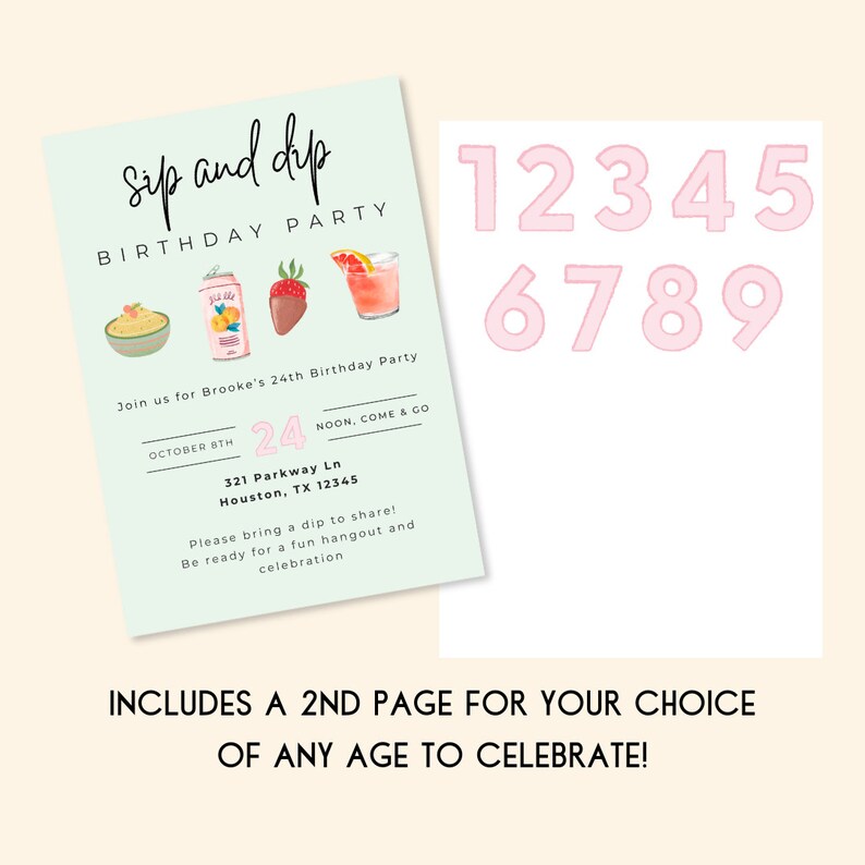 Sip and Dip Birthday Digital Invitation Template, Birthday Party ...