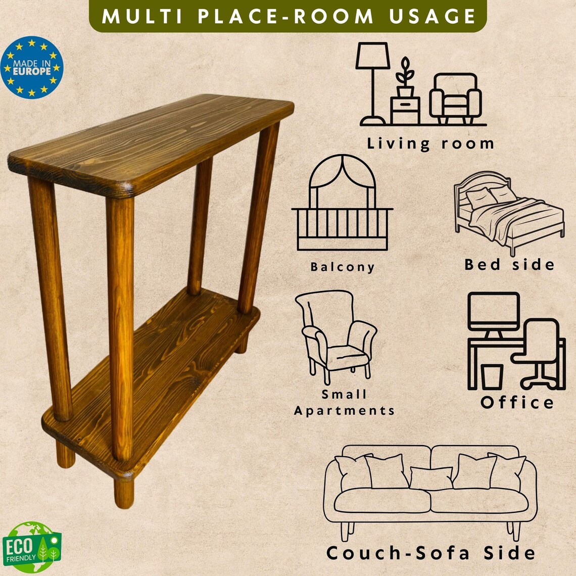 Living Room Solid Real Wood Slim Side Table, Space Saver 2 Tier Open ...