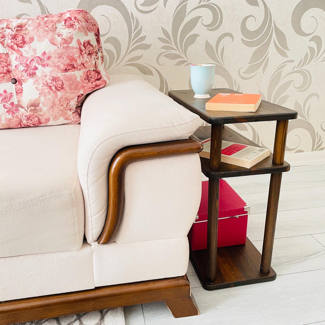 Walnut Narrow Side Table 3 Tier Couch Small Places Natural Real Wood ...