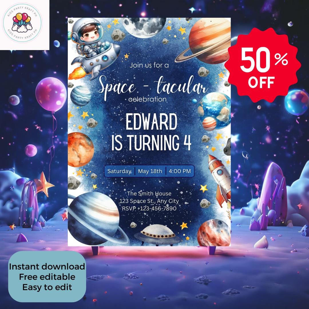 Outer Space Birthday Invitation Template, Planets Rocket Ship Astronaut ...