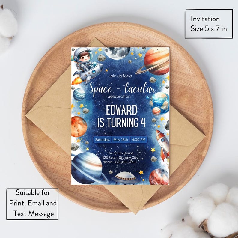 Outer Space Birthday Invitation Template, Planets Rocket Ship Astronaut ...