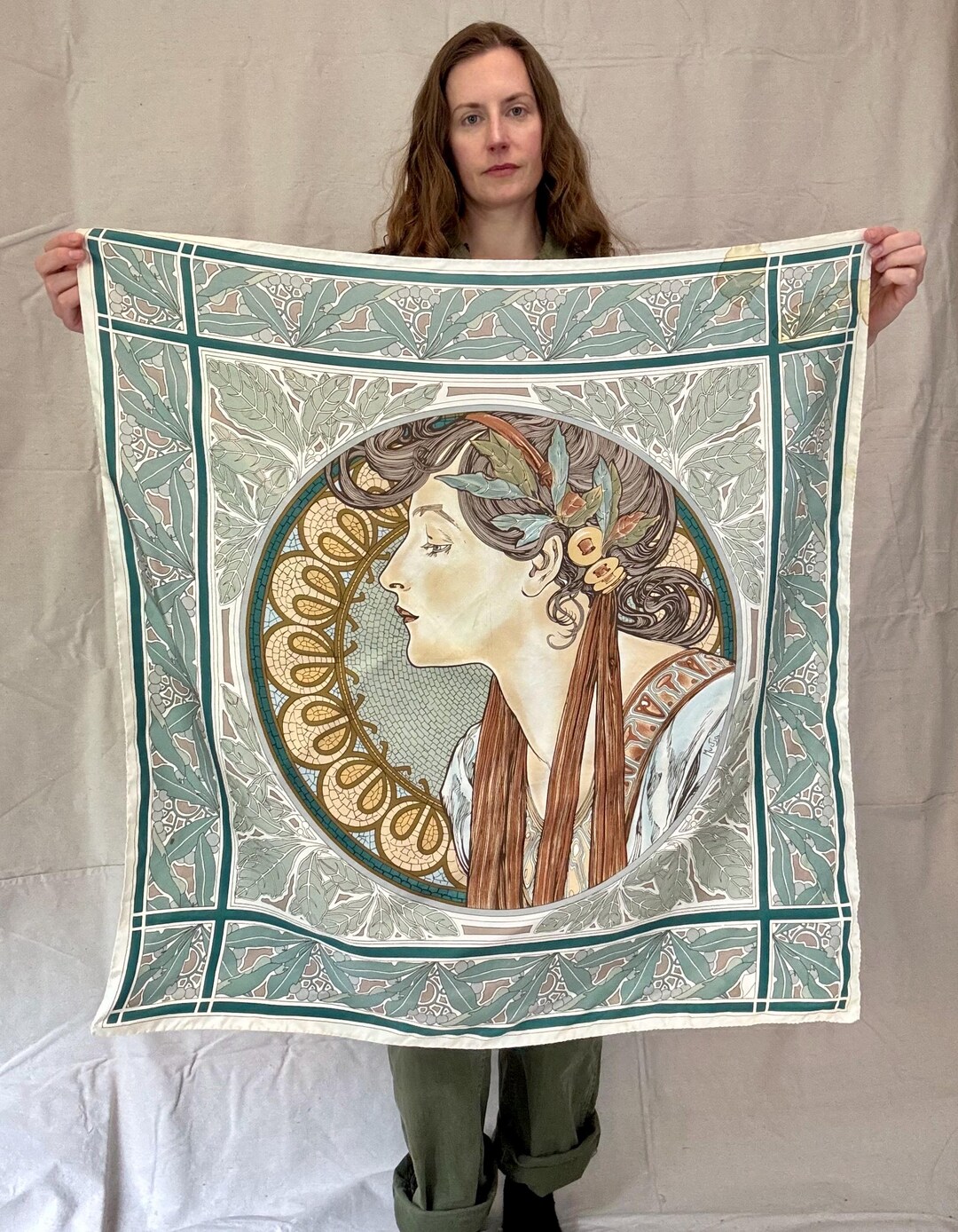 Vintage Ornate Blue Gray Art Nouveau Edward Mucha Square Large Silk ...