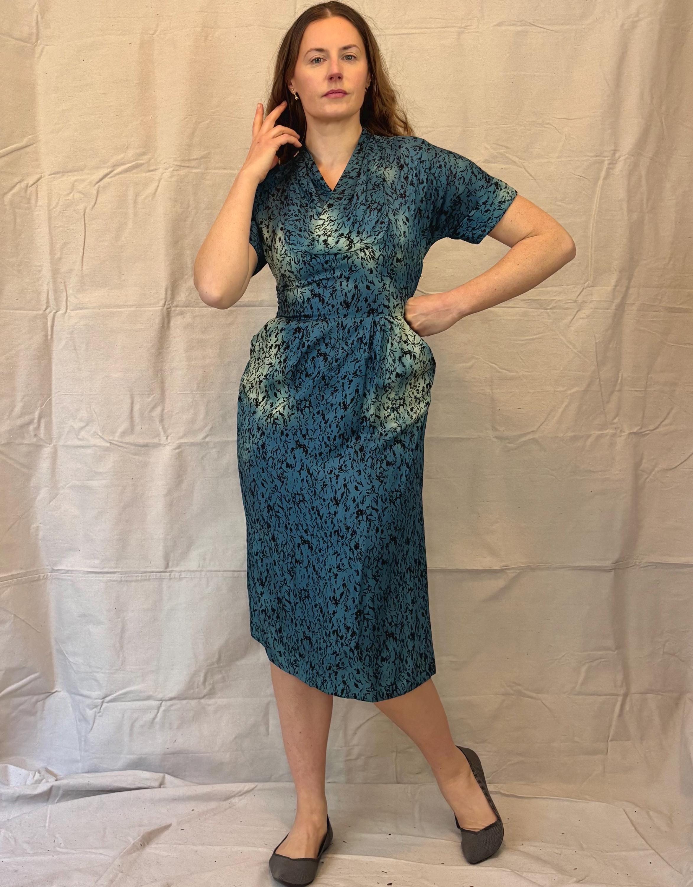 Vintage 50s Faded Teal & Black Rockabilly Sheath Midi Dress Vintage 50s Faded Teal & Black Rockabilly Sheath Midi Dress