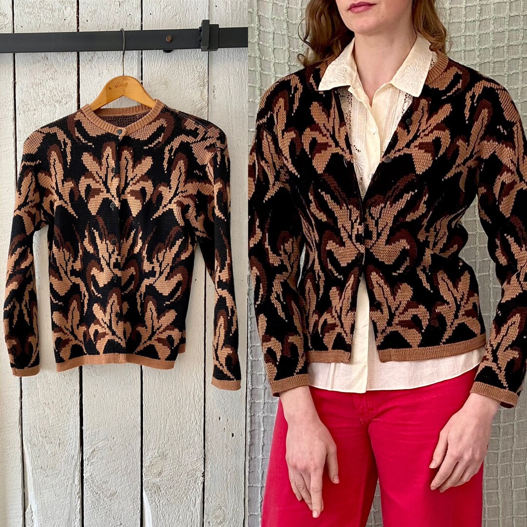 Vintage 60s Brown & Black Fleur Leaf Novelty Print Cardigan Sweater ...