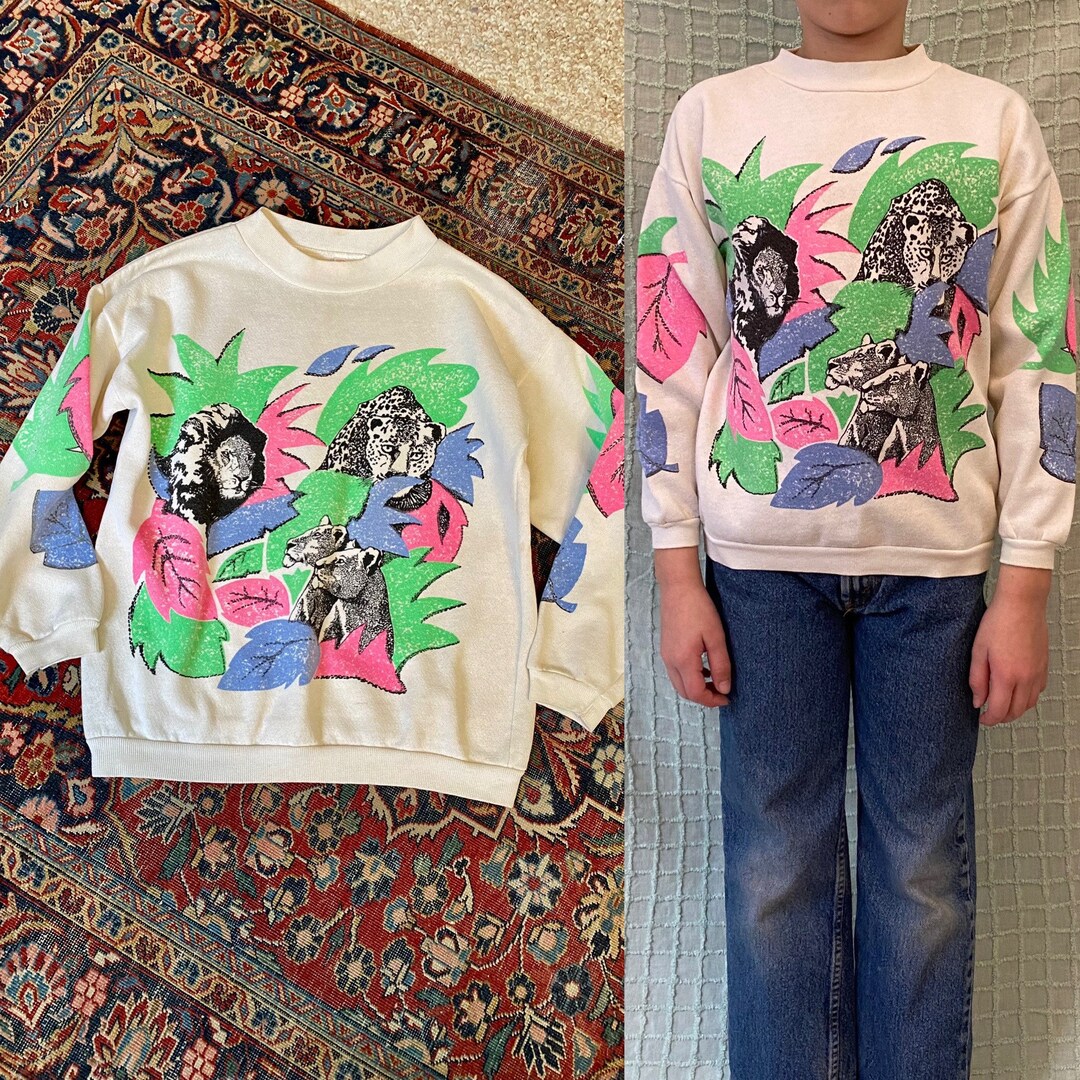 Vintage 80s Neon Leopard Lion Jungle Puff Paint Pull Over Sweatshirt ...