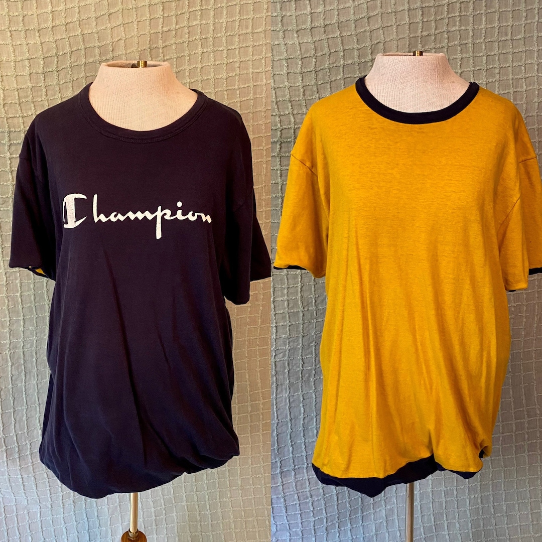 Champion Blue Bar Logo 70s Reversible Two Sided Navy & Gold Gym T Shirt ...