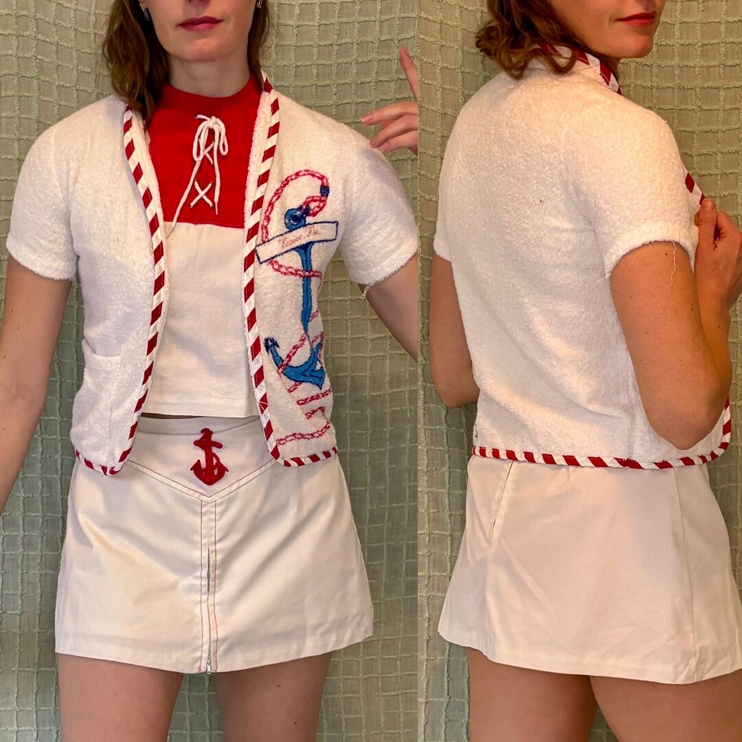 Vintage 60s Sailor Red White Nautical Tank Top Zipper Front Mini Skort ...