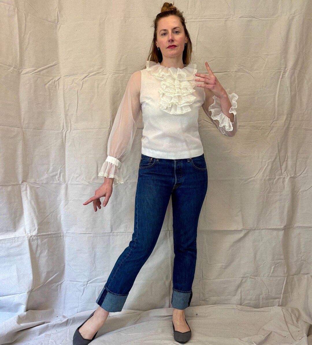 Vintage 60s Mod Sheer White Button Back Blouse Ruffle Ascot by Neiman ...