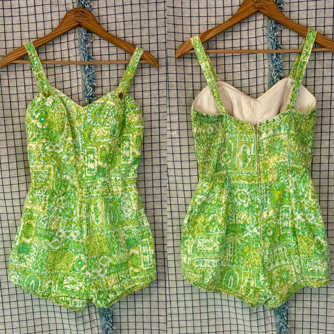 Vintage 60s Lime Green Mid Century Modern Swim Suit Batik Print Romper ...