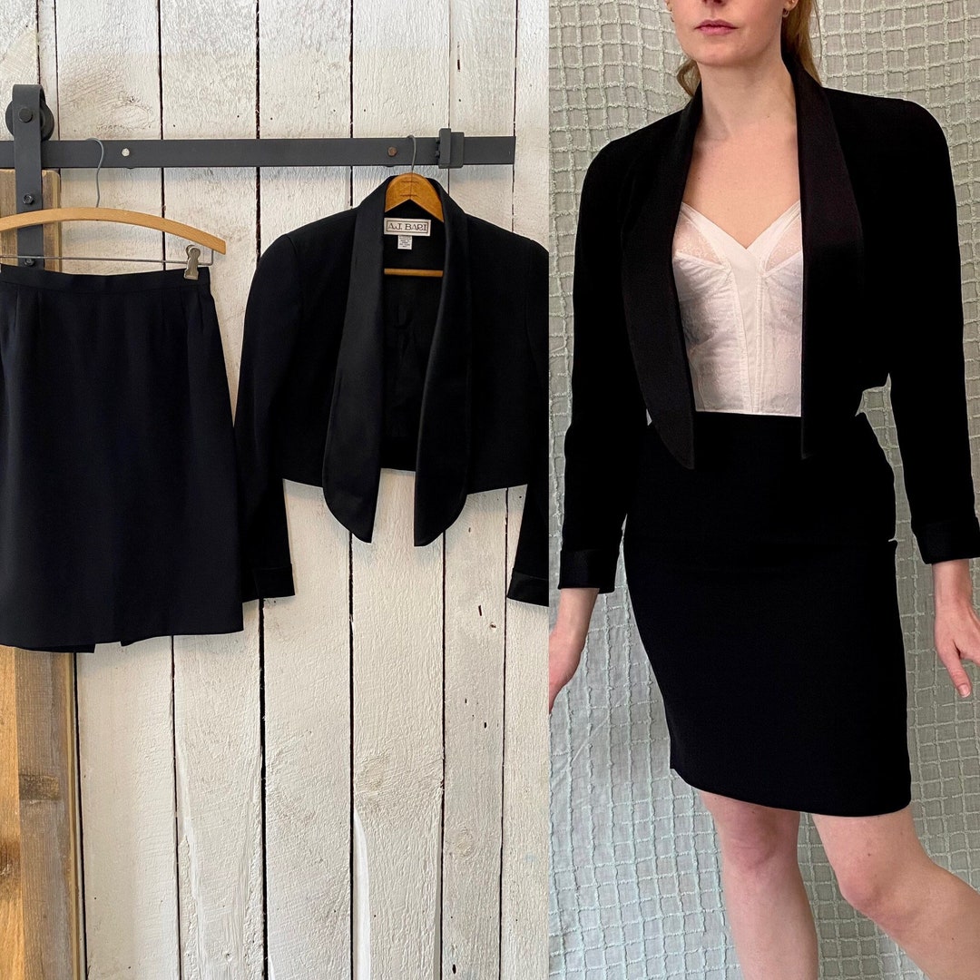 Vintage 80s Black Tuxedo Blazer Jacket Pencil Skirt Suit by AJ Bari ...