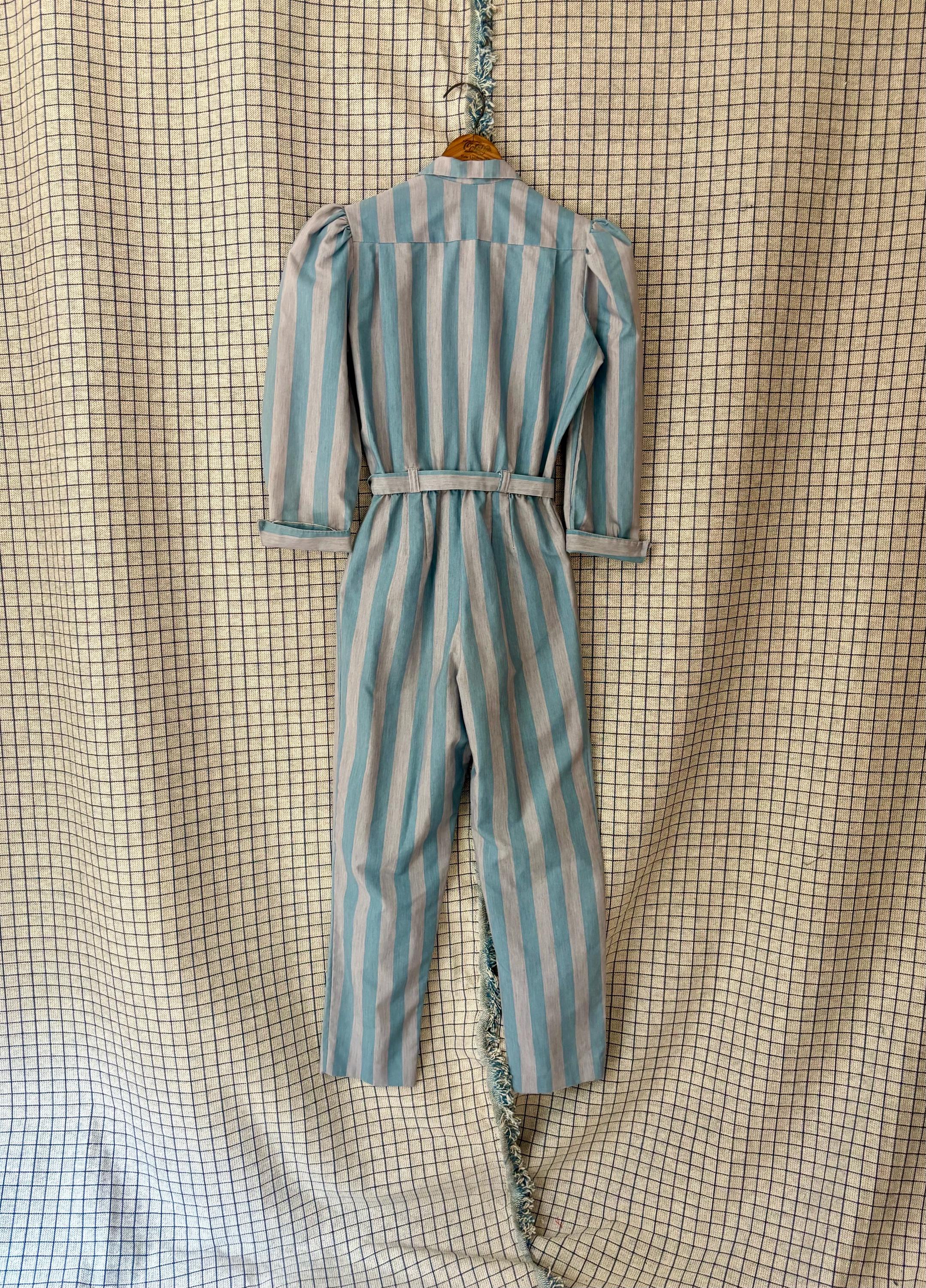 Vintage 80s Gray & Turquoise Blue Stripe Puff Sleeve Jump Vintage 80s Gray & Turquoise Blue Stripe Puff Sleeve Jump