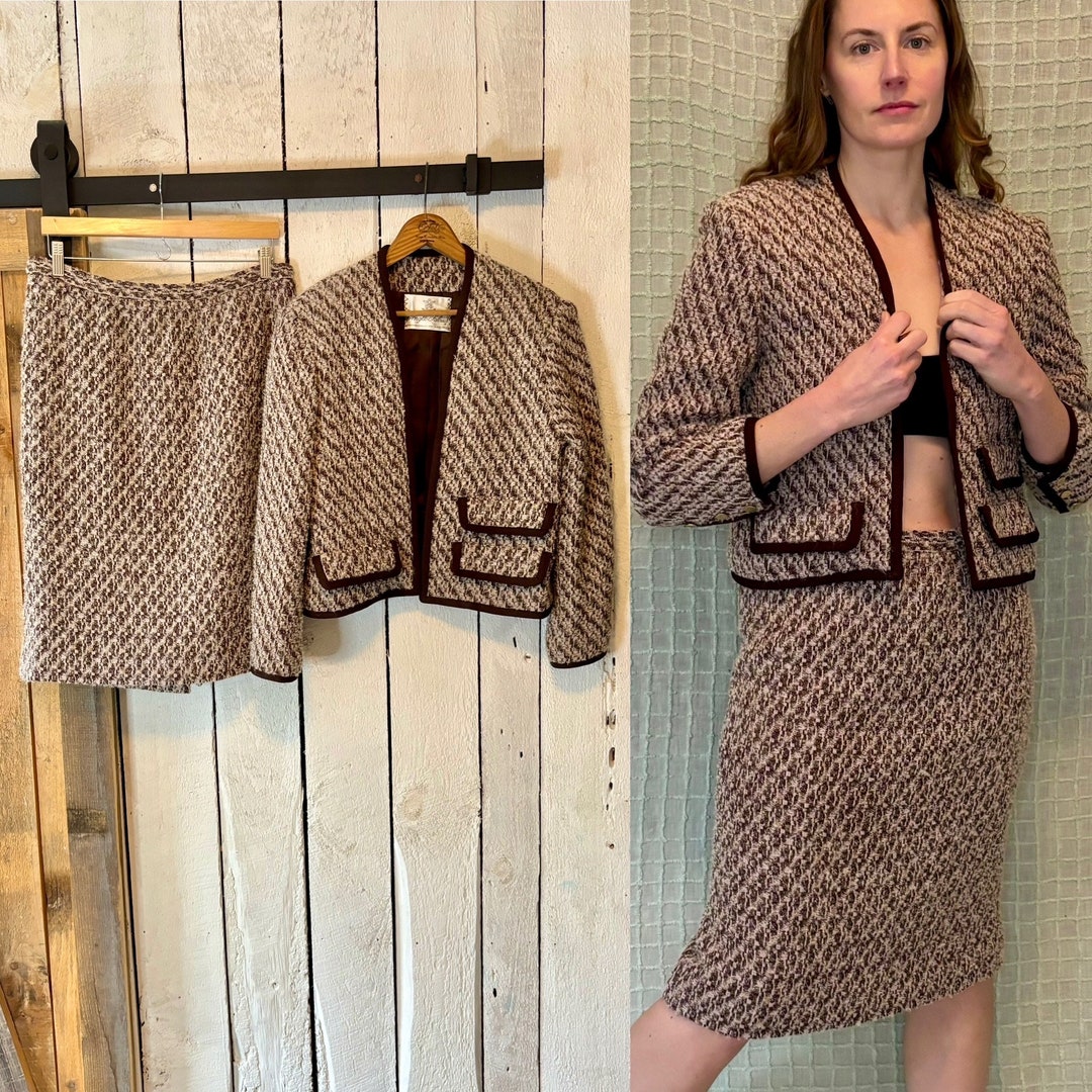 Vintage 60s Brown White Tweed Boucle Blazer Pencil Skirt Suit by Anglo ...