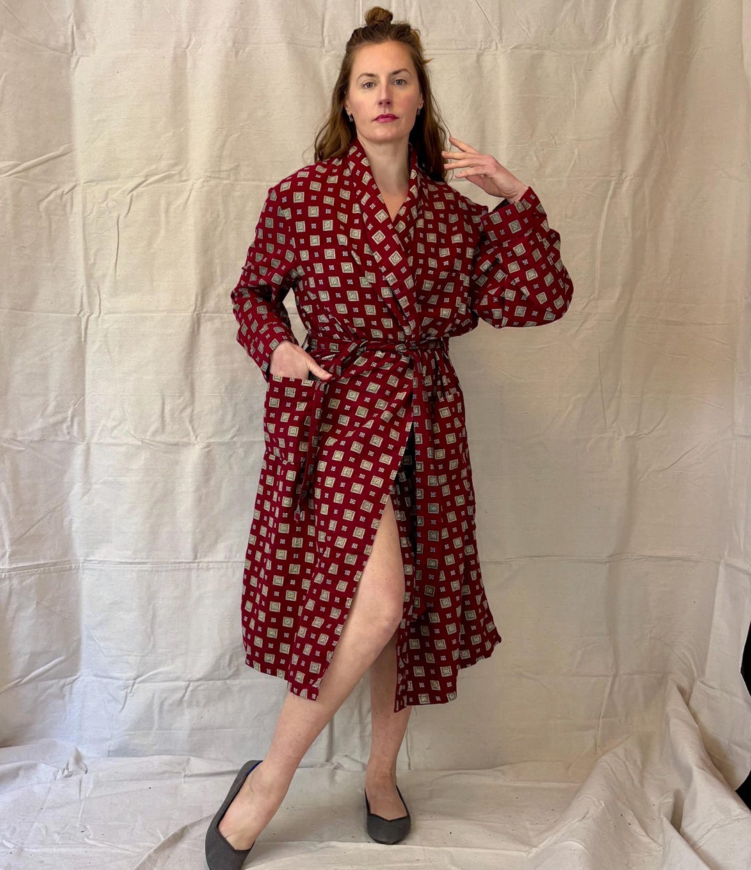 Vintage 70s Long Robe Mens Large Square Pattern Maroon Red Blue Cotton ...