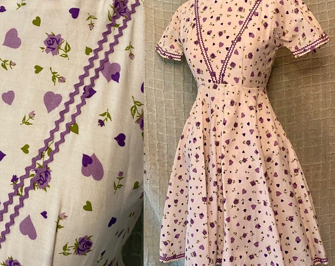 Vintage 60s Purple White Heart Rose Bud Fit & Flare Circle Skirt Rick ...