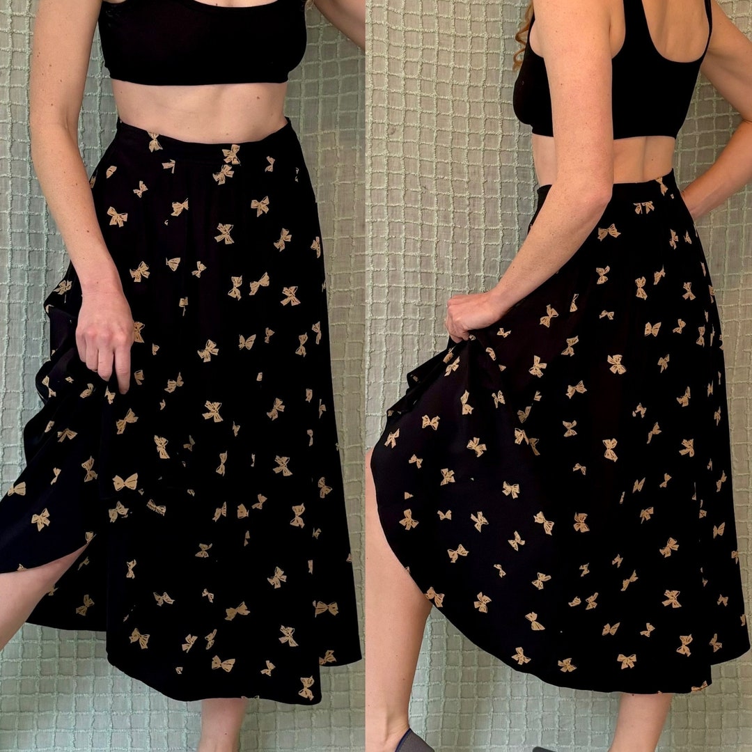 Vintage 90s Black Beige Goth Novelty Print Bow Silk Midi Circle Skirt ...