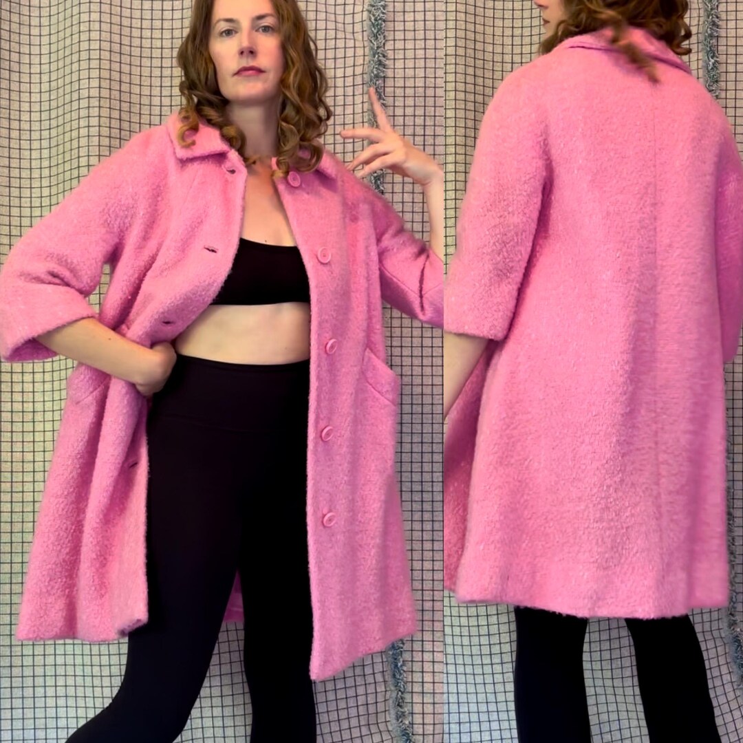 Vintage 60s Bubble Gum Pink Mid Century Mod Boucle Wool Swing Over Coat ...