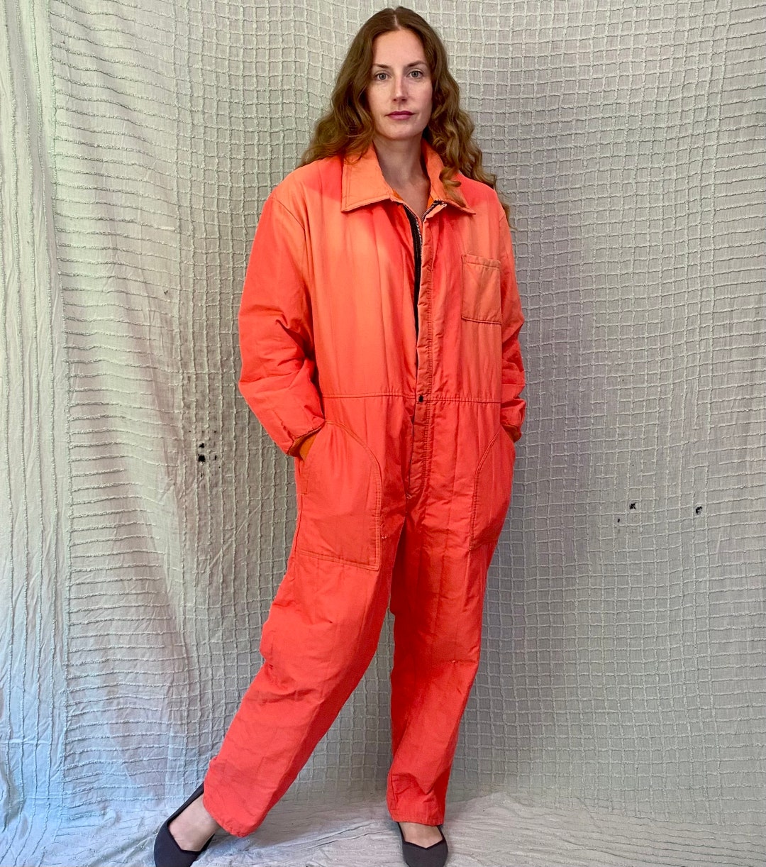 Vintage 70s Blaze Orange Hunting Sun Faded Quilted Outerwear Coveralls ...