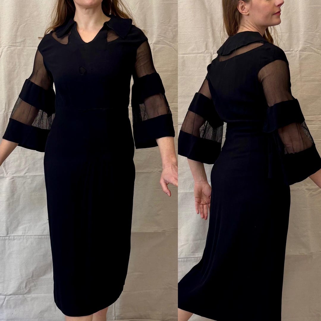Vintage 40s Black Femme Fatale Rayon Crepe Dress Huge Mesh Bell Sleeve ...