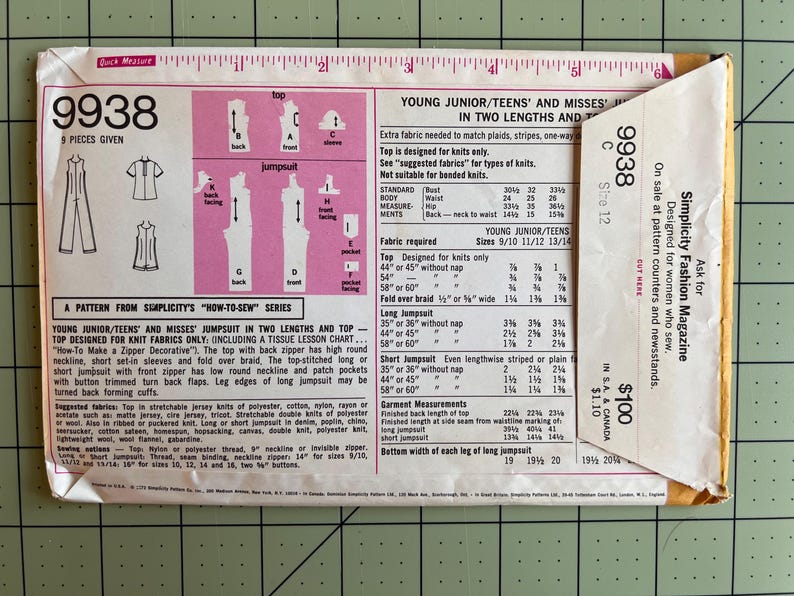 Vintage Simplicity 9938 1972 'how to Sew' Pattern Jumpsuit and Top Size ...