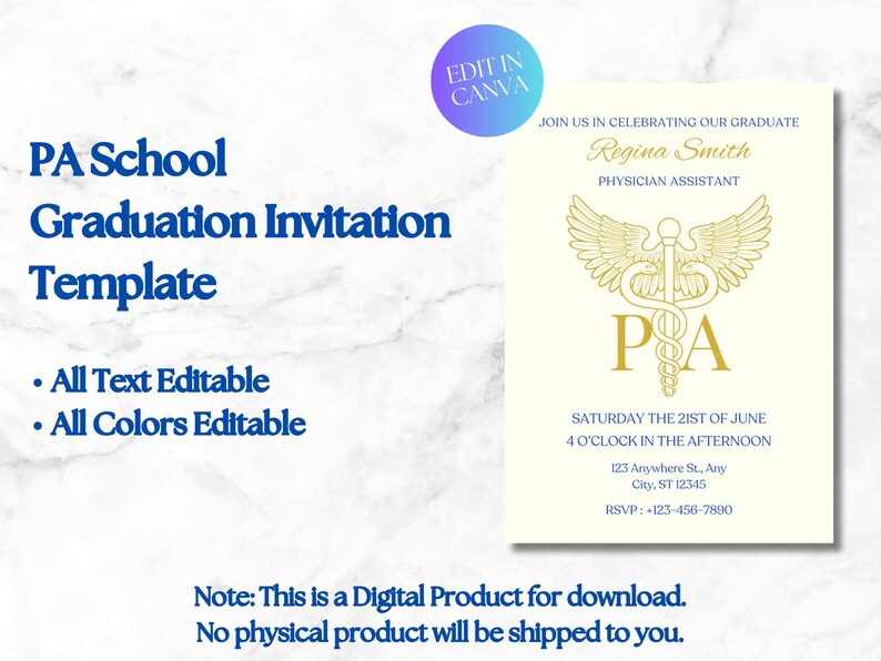 Ivory Blue Gold Physician Assistant Graduation Invitation Template ...