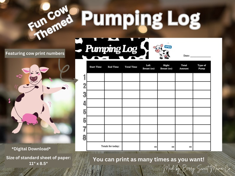 PRINTABLE Pump Log Cow Themed: Digital Download Pump Log, Instant ...
