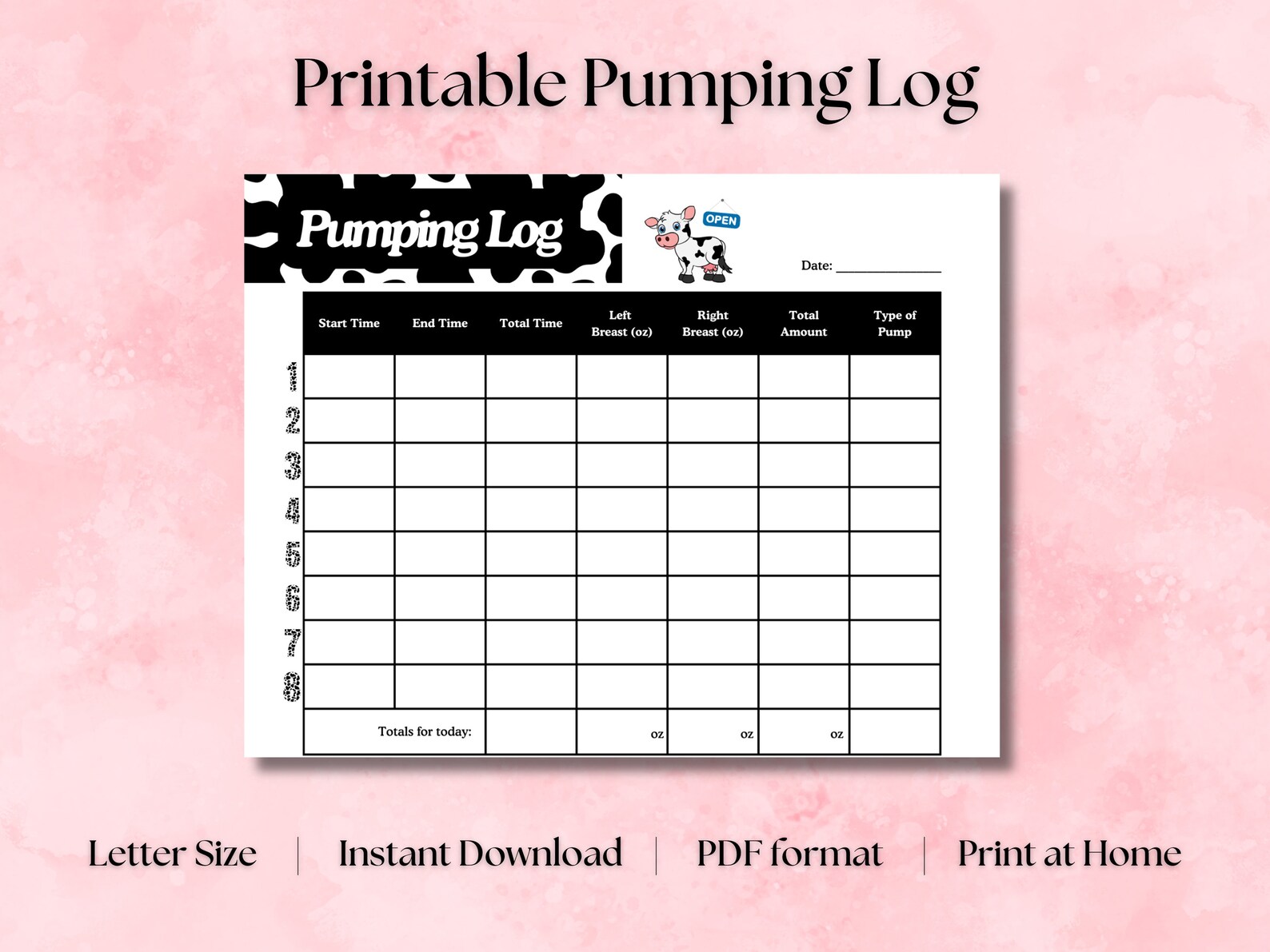 PRINTABLE Pump Log Cow Themed: Digital Download Pump Log, Instant ...