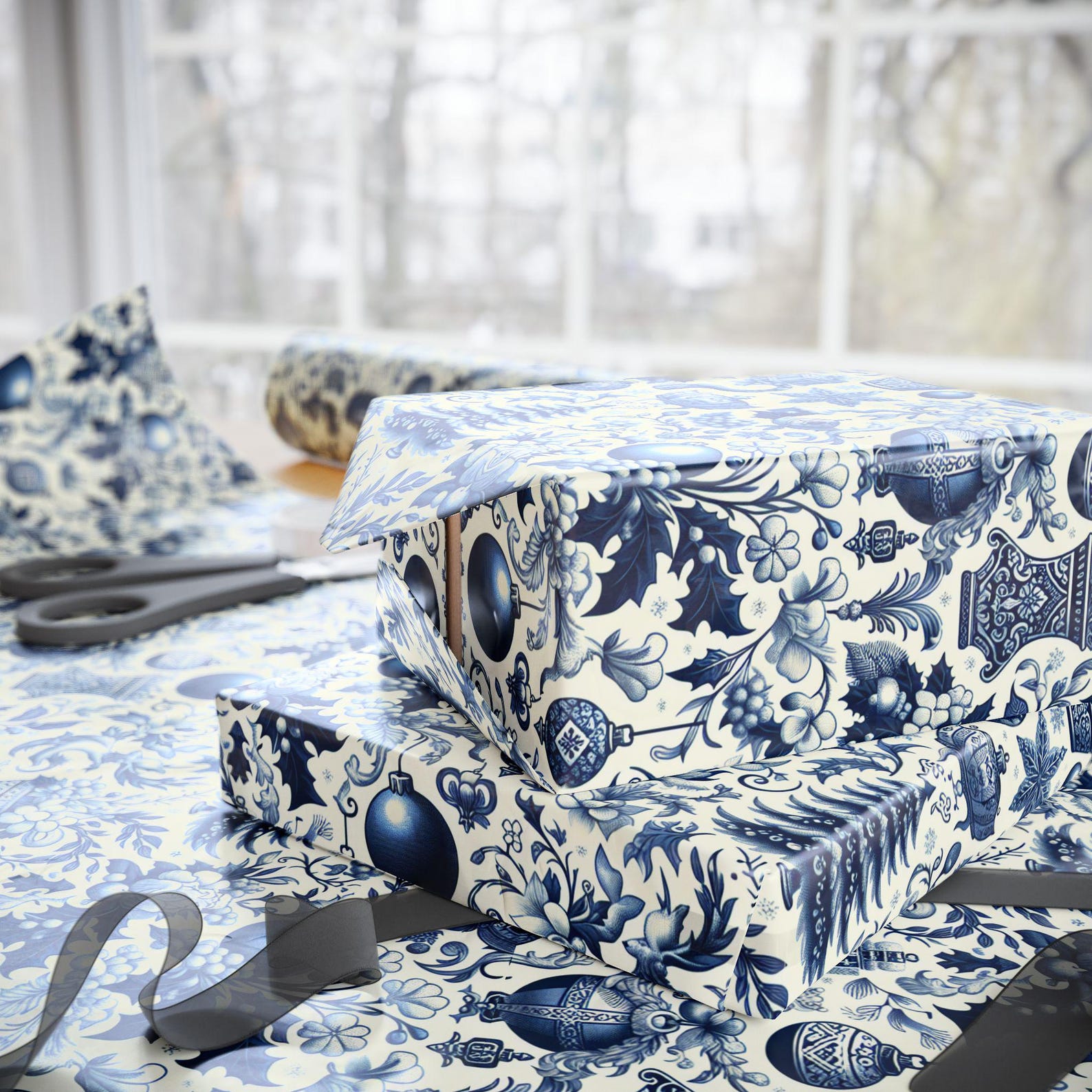 Blue Chinoiserie Christmas Wrapping Paper, Chinoiserie Gift Wrap, Blue ...