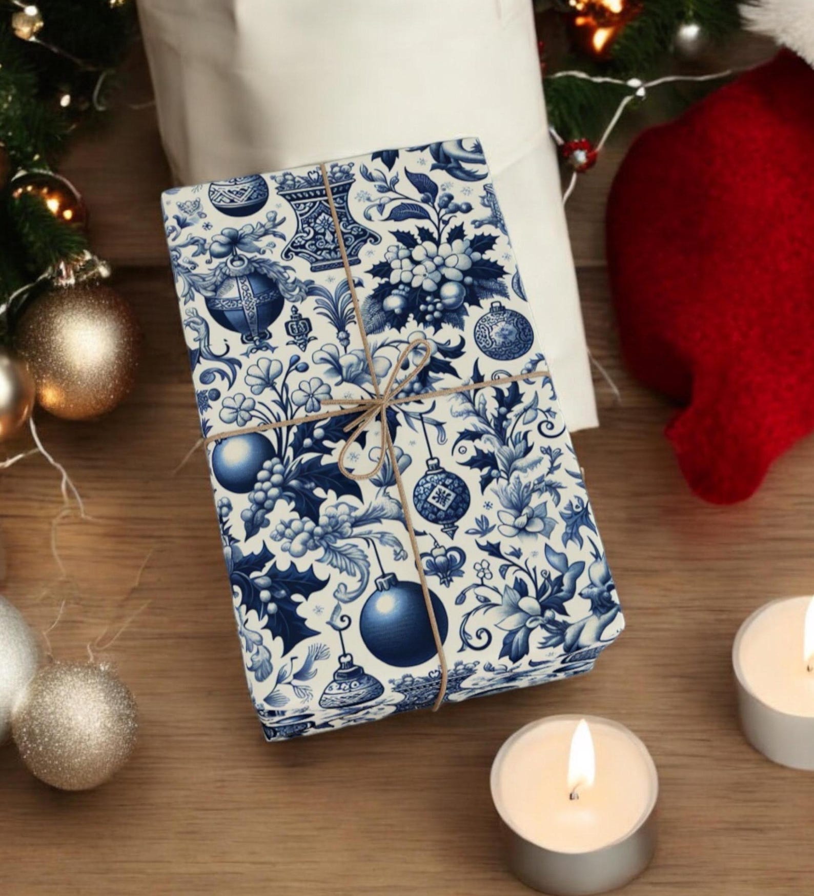 Blue Chinoiserie Christmas Wrapping Paper, Chinoiserie Gift Wrap, Blue ...