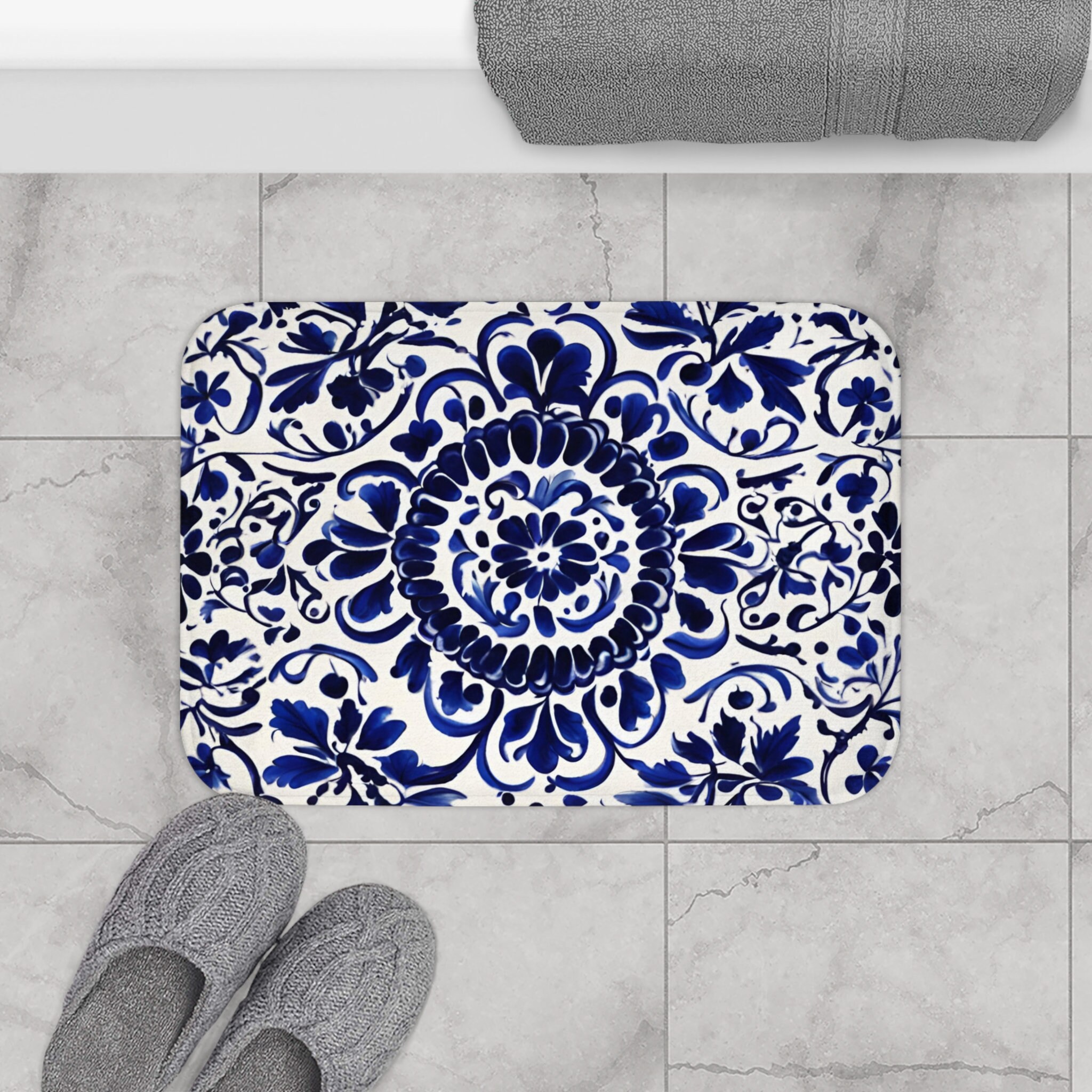 Blue and White Mexican Talavera Tile Bath Mat, Colorful Bathroom Rug ...