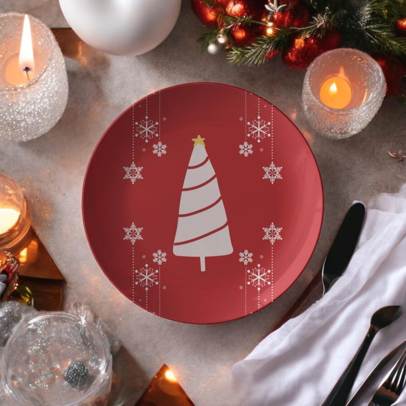 Red Christmas Plate, Christmas Dinnerware, Christmas Tree Plates ...